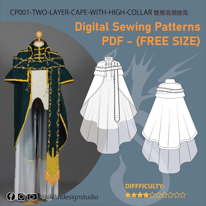 Fantasy Royal Herald Cape Pattern | Two-layer High Collar Cloak Free ...