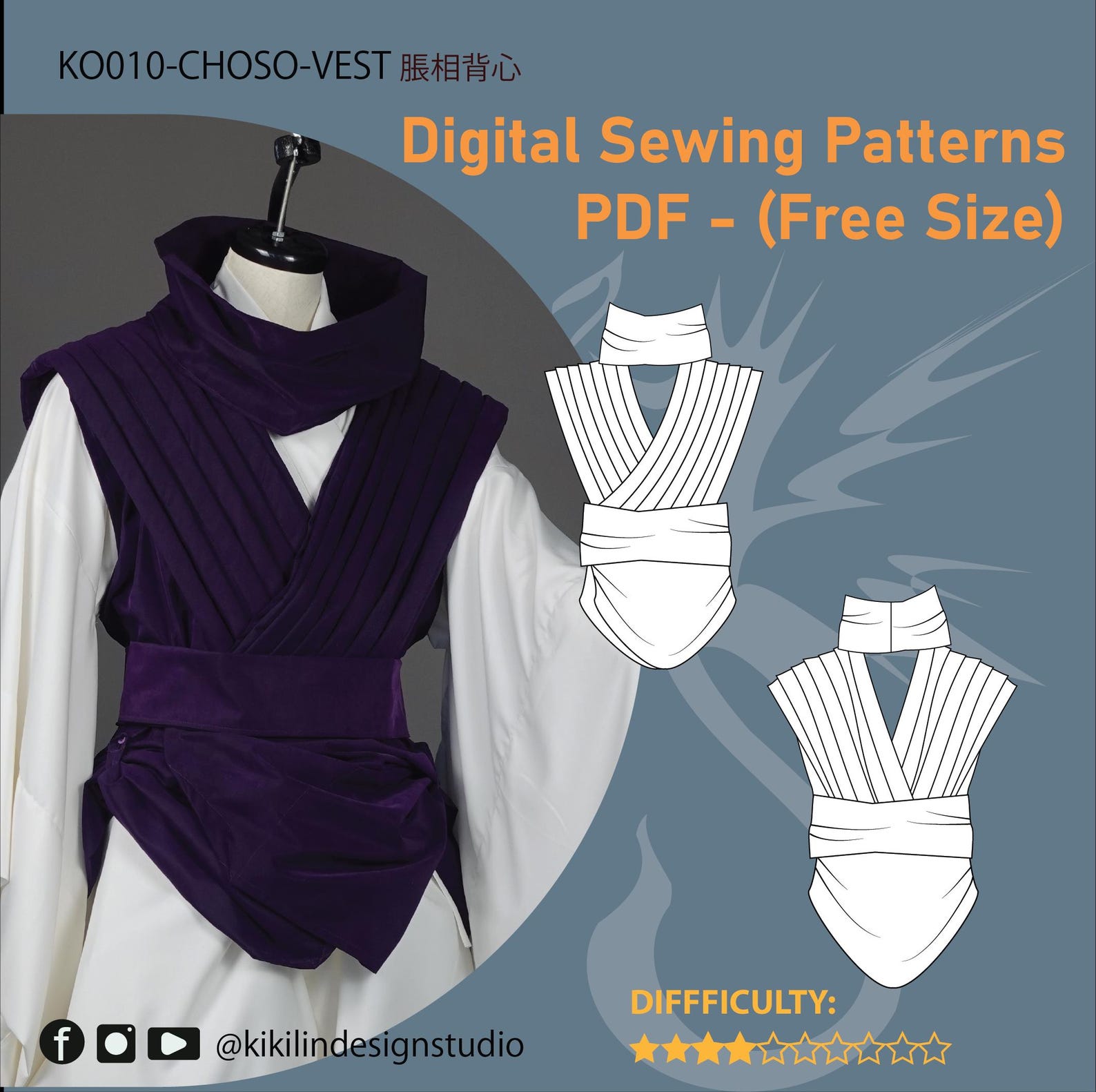 Anime Cosplay Sewing Pattern | Pleated Vest, Hakama & Robe (XS-2XL ...