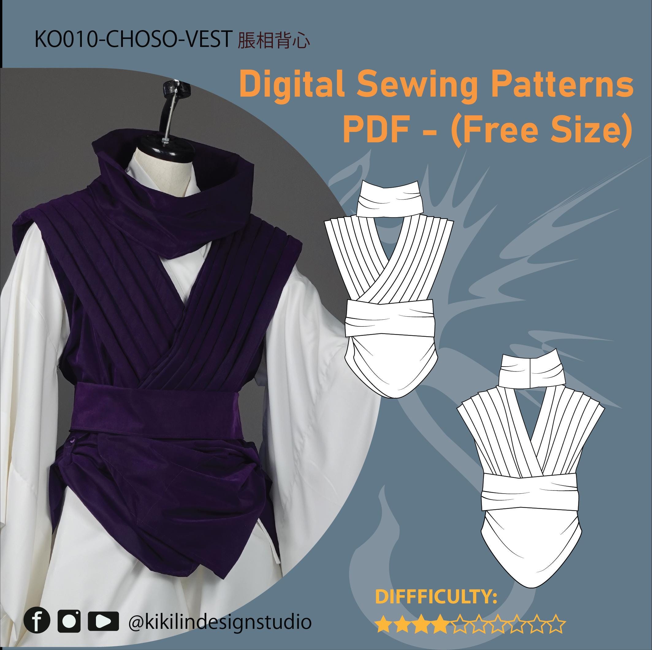 Anime Cosplay Sewing Pattern | Pleated Vest, Hakama & Robe (XS-2XL ...