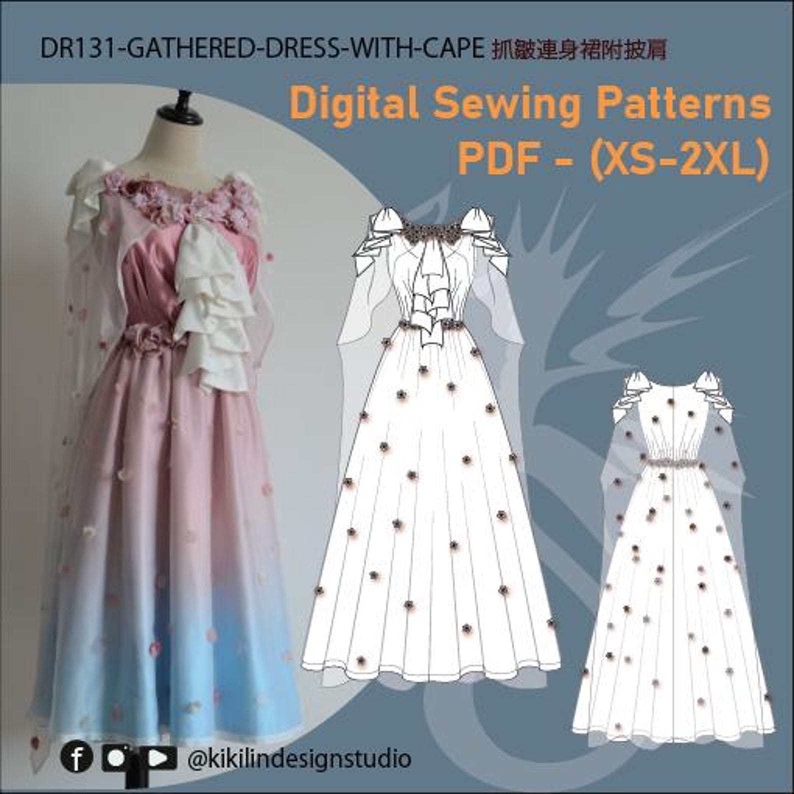 Digital Sewing Pattern | Gathered Dress With Cape and Flowers (sizes XS ...