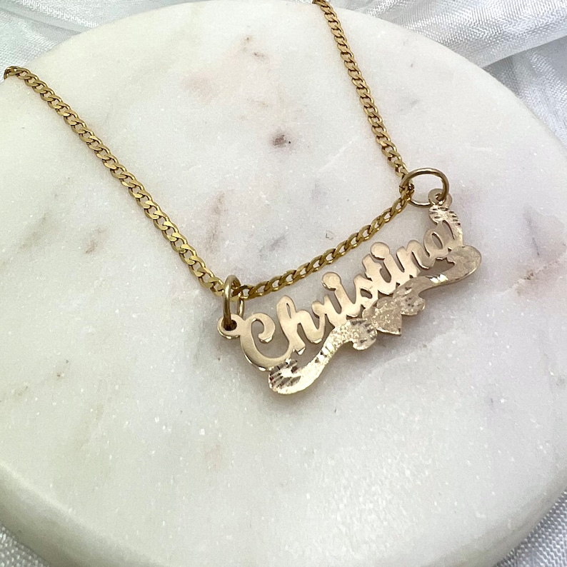 Solid Gold, Heart Name Necklace, Nameplate, Diamond Cut, 14K Solid Gold ...