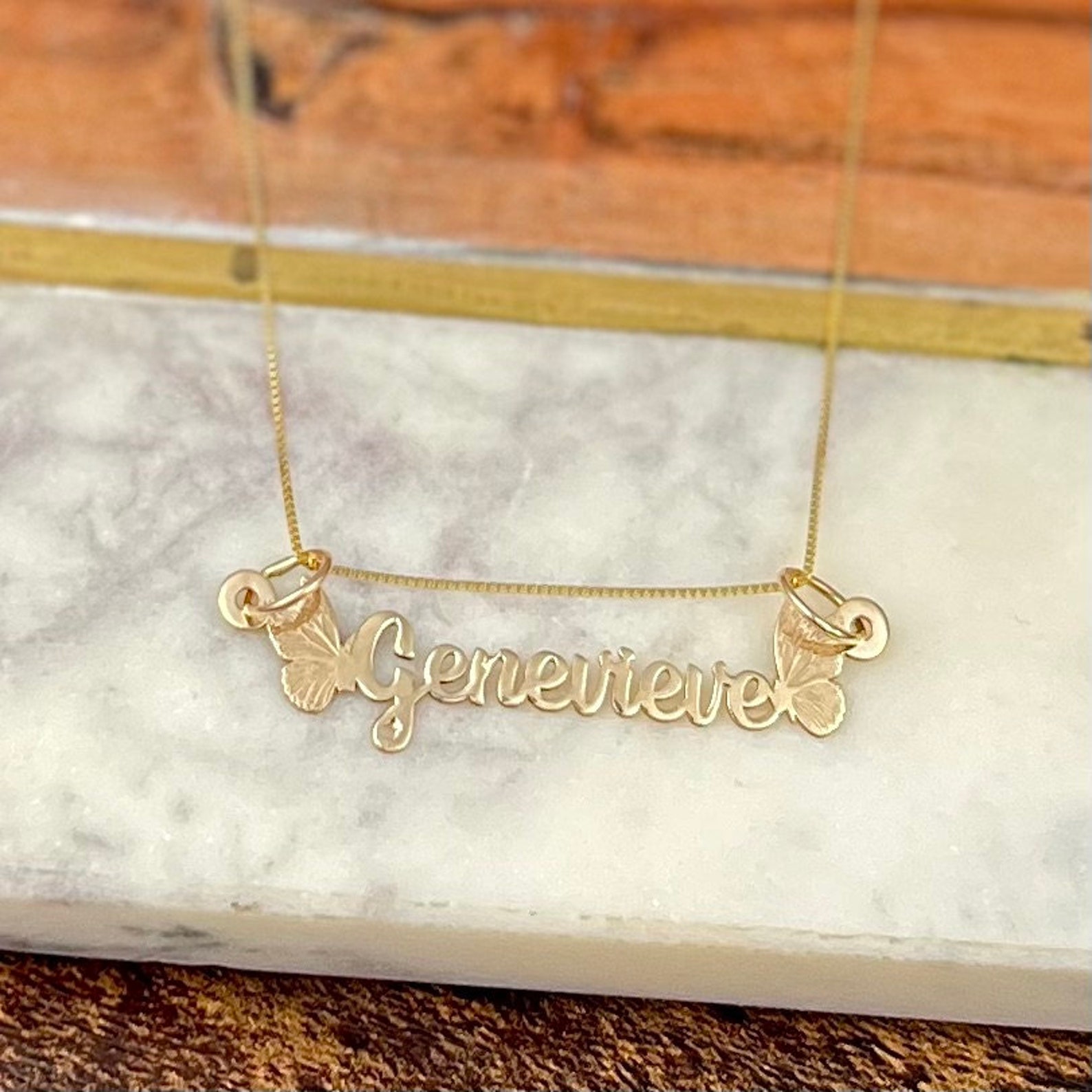 14k Gold Nameplate, Solid 14K Gold Personalized Butterfly Wing Name ...