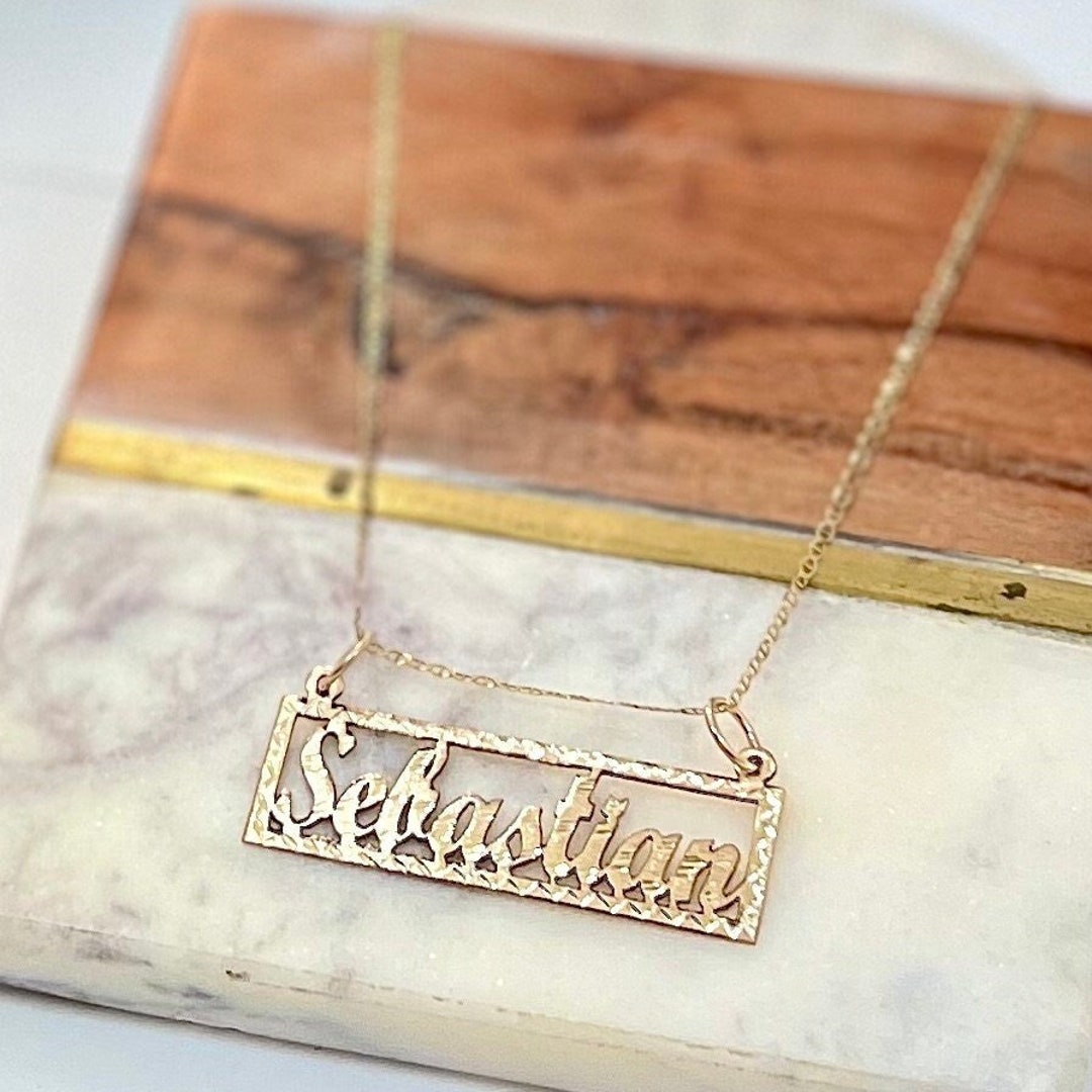 14k Gold Nameplate, Solid 14K Gold Personalized Border Name Plate ...