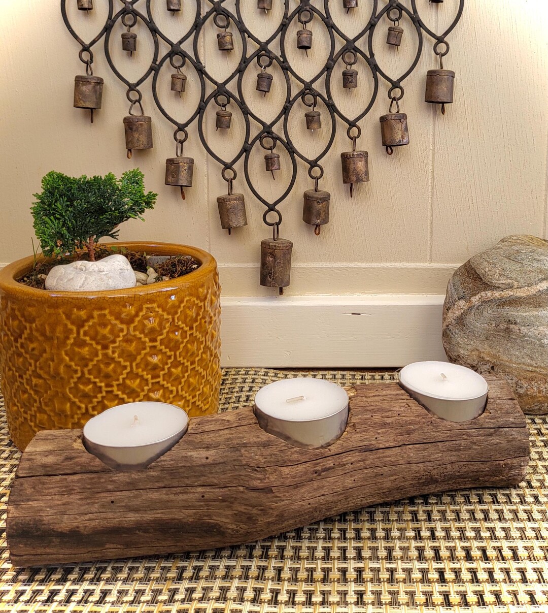 Natural Aged Wood Log Candle Jumbo Tea Light Holder - Wabi Sabi, Rustic ...