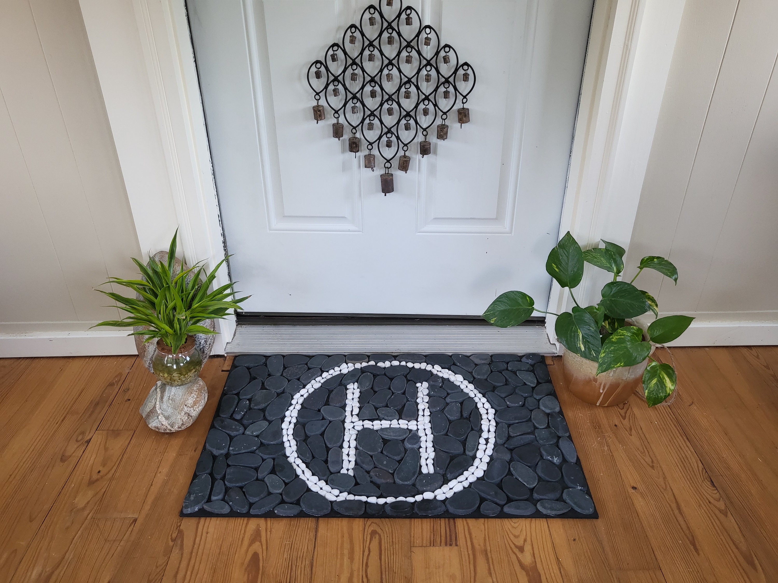 Monogram Stone Door Mat - River Rock Welcome Mat- Flat Stone Mosaic Rug ...