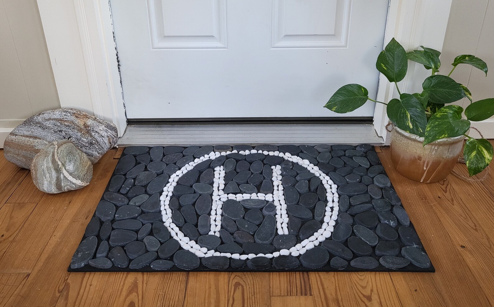 Monogram Stone Door Mat - River Rock Welcome Mat- Flat Stone Mosaic Rug ...