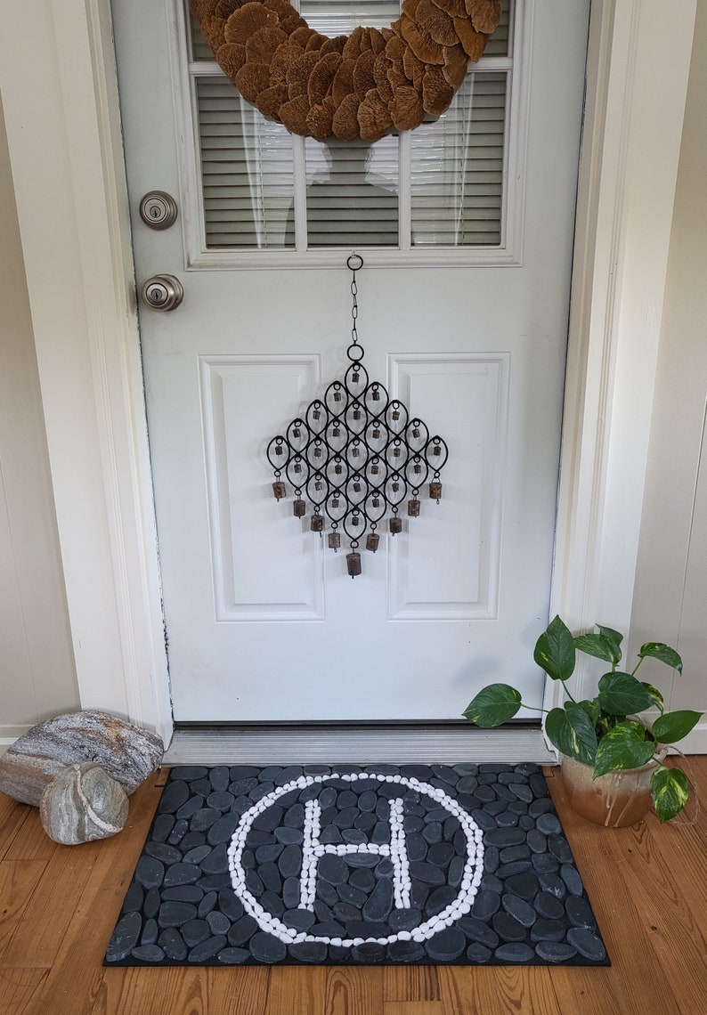 Monogram Stone Door Mat - River Rock Welcome Mat- Flat Stone Mosaic Rug ...