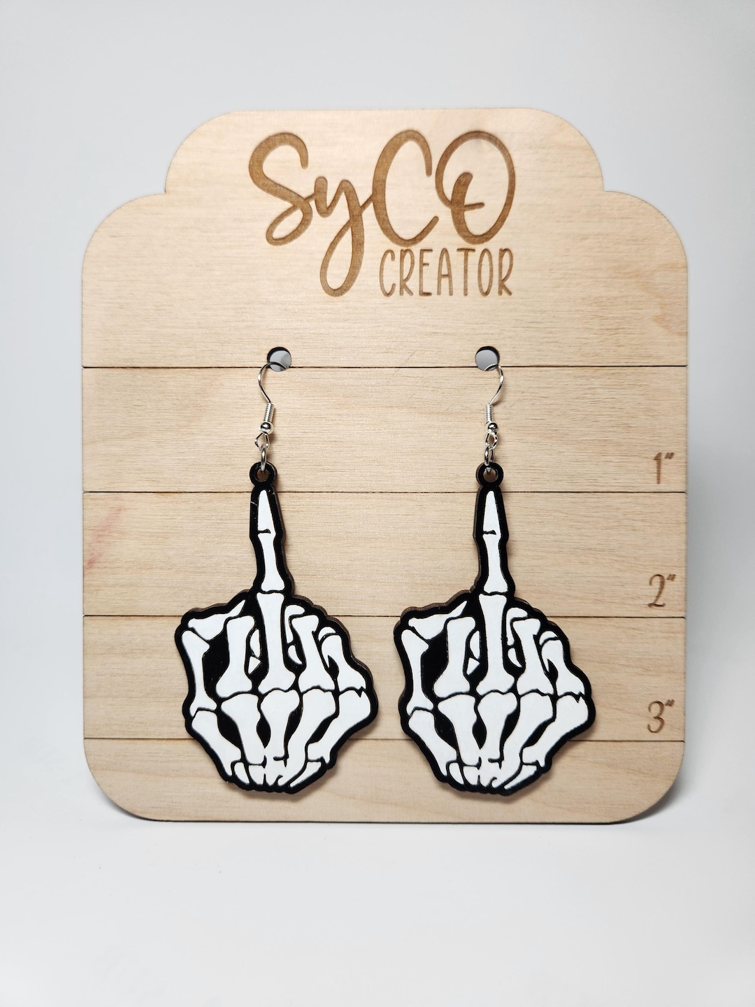 Middle Finger Bone Skeleton Hand Wood and Engraved Acrylic Dangle ...