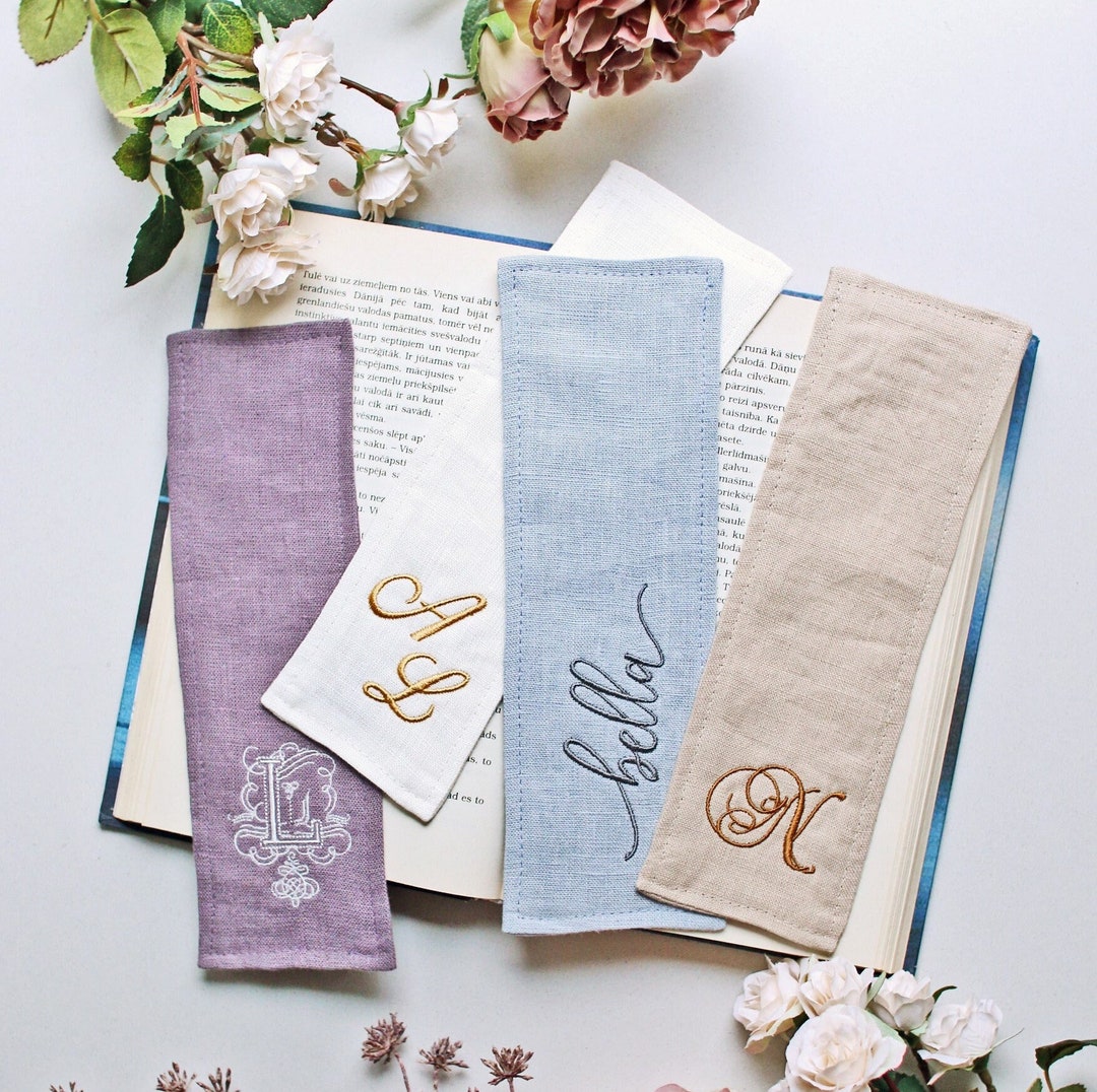Linen Embroidery Bookmark, Monogram Bookmark, Personalized Bookmark ...