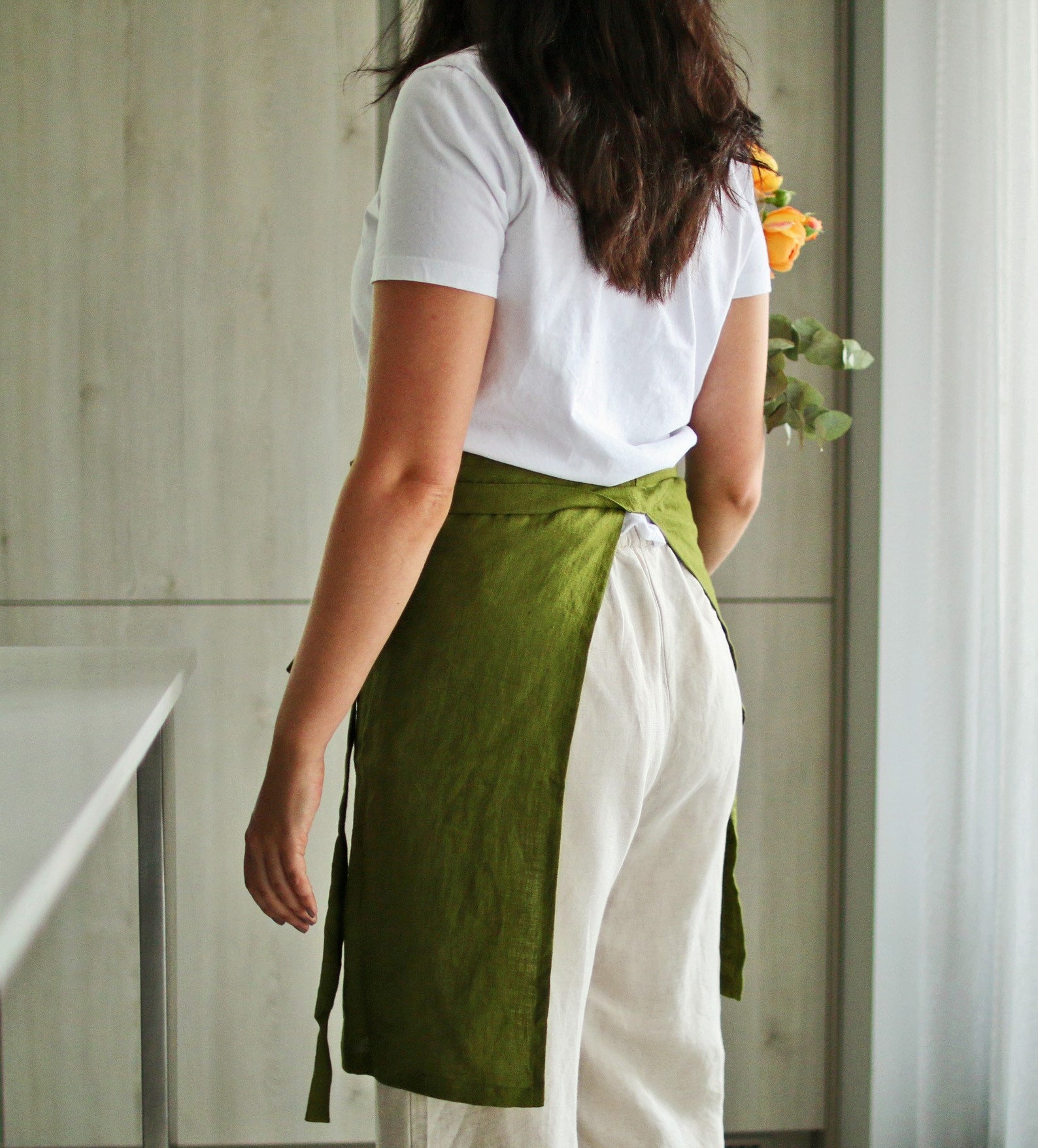 Linen Embroidered Half Apron , Stonewashed Linen Apron, Kitchen Apron ...