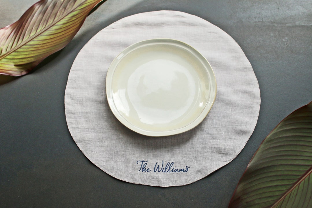 Linen Embroidered Double Layer Round Placemats. Natural Stonewashed ...