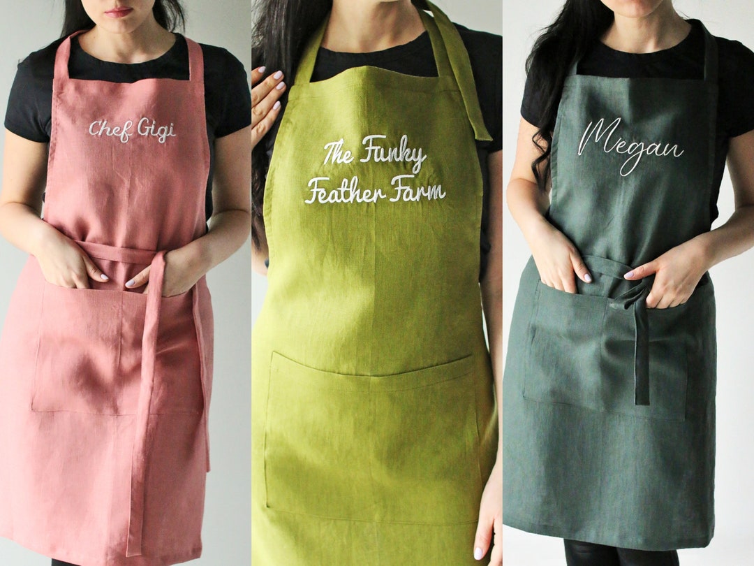 Linen Embroidered Apron , Stonewashed Linen Apron, Kitchen Apron ...