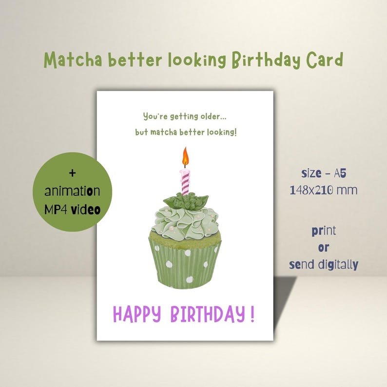 Matcha Birthday Card: Girly Animation, Printable A5 & Digital - Etsy