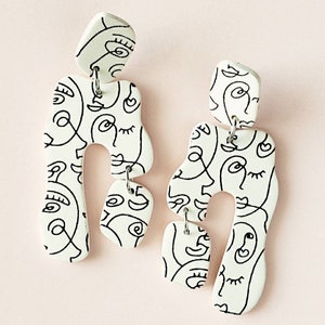 Abstract Face Polymer Clay Earrings, Black and White Modern Earrings ...
