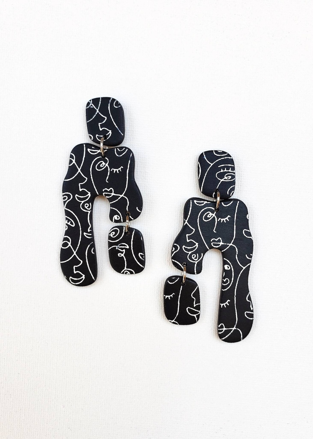 Abstract Face Polymer Clay Earrings, Black and White Modern Earrings ...