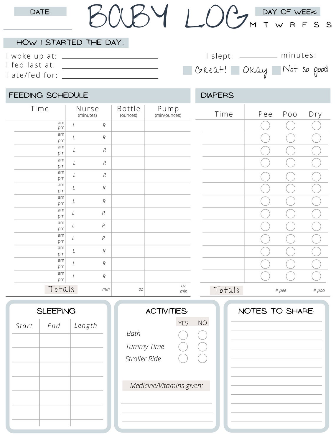 One Page Printable Baby Log Newborn Tracker Nanny Log - Etsy