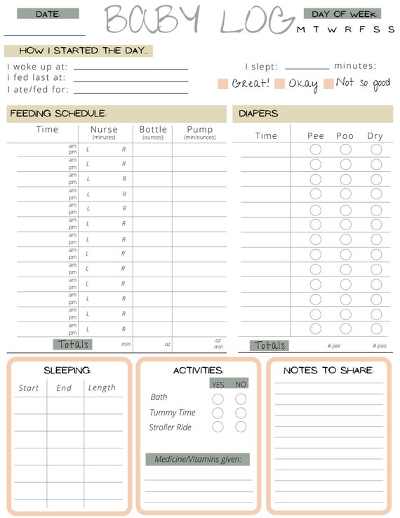 Babysitter Log One Page Printable Baby Log Caretaker tracker Nanny Log ...