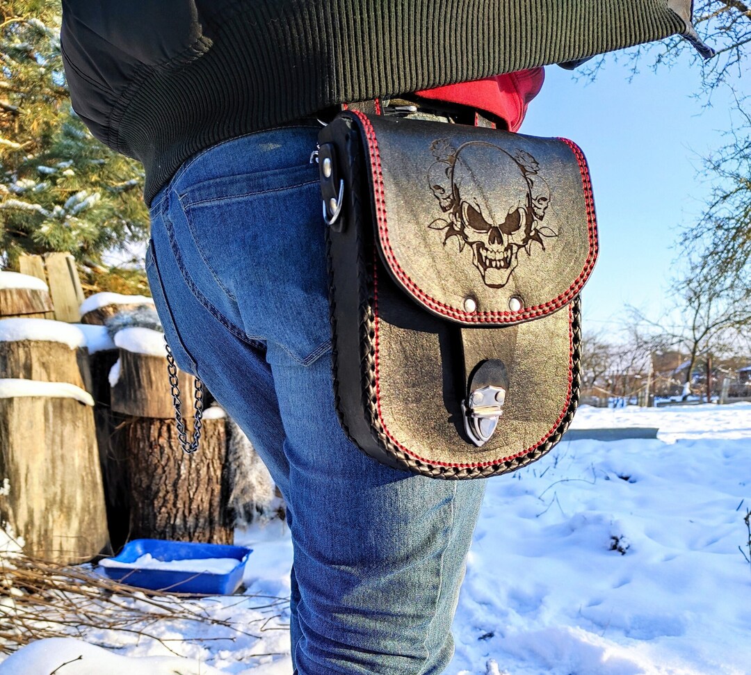 LEATHER HIP BAG, Leather Weaved Biker Bag, Black Thigh Bag Scull, Fanny ...