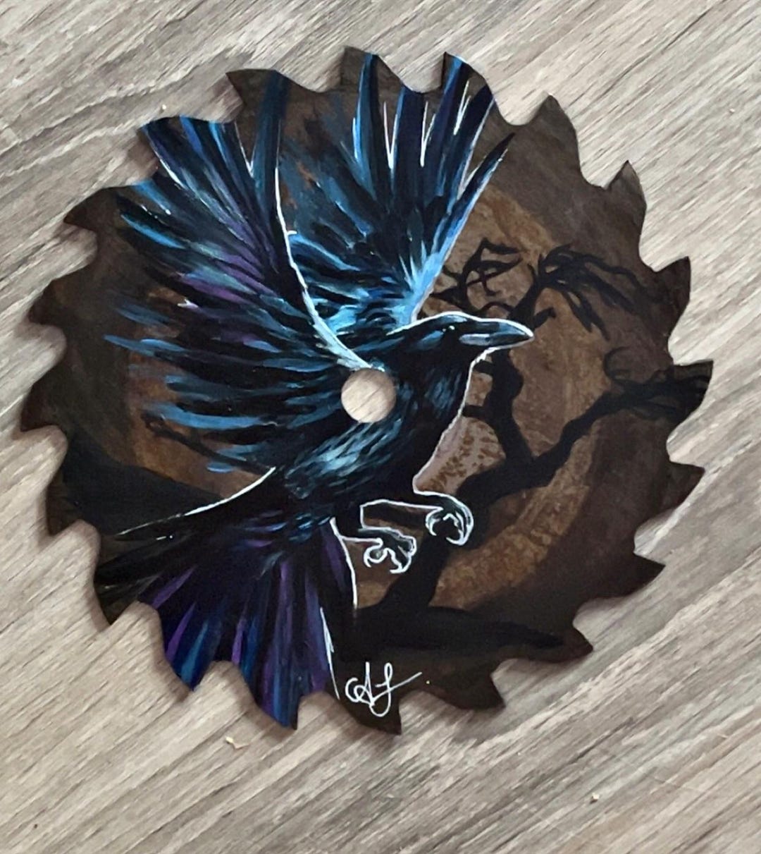 Hand Painted Circular Saw Blade Raven Crow Decor Original Crowsnest Pass Upcycle Repurpose Art ...