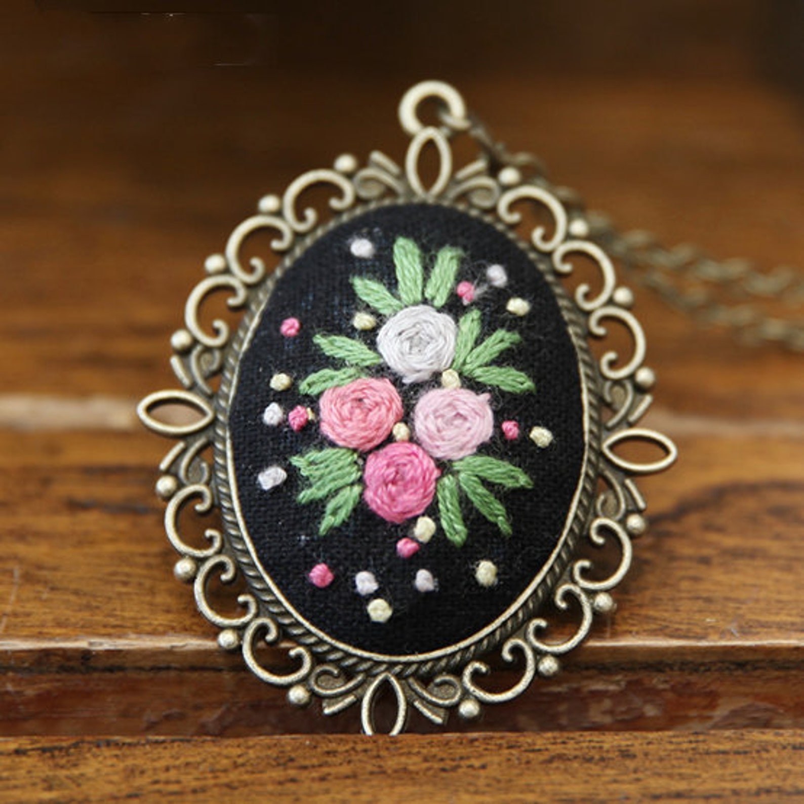 Embroidery Kit Embroidered Pendants Necklace Floral | Etsy