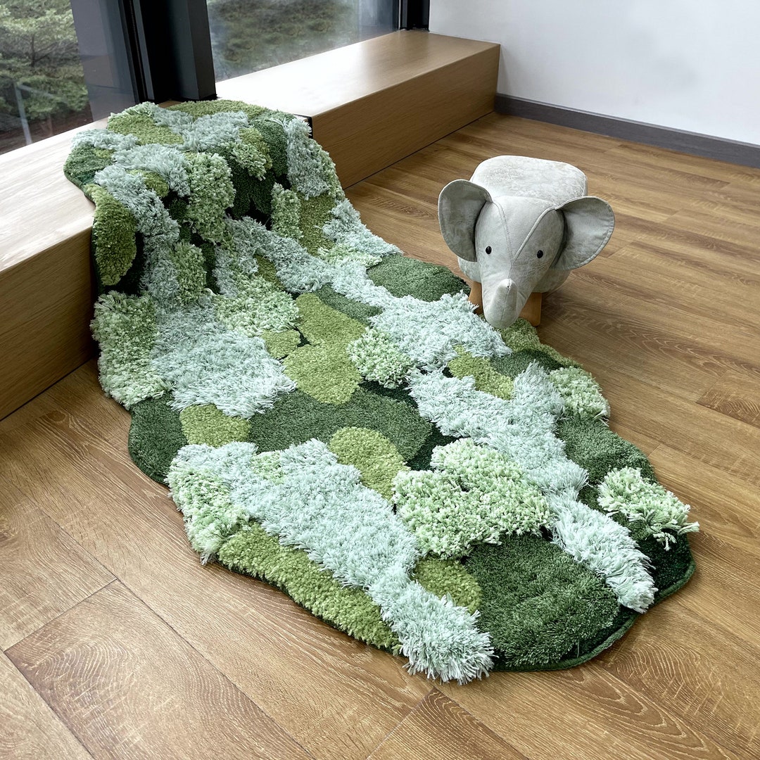 Green Moss Fluffy Tufted Irregular Forest Abstract Rug Small Kids Play ...
