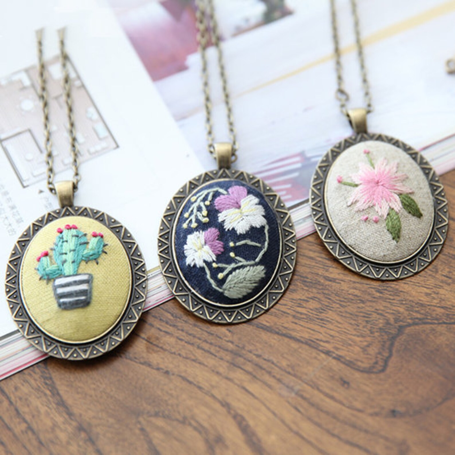 Embroidery Kit Embroidered Pendants Necklace Floral | Etsy