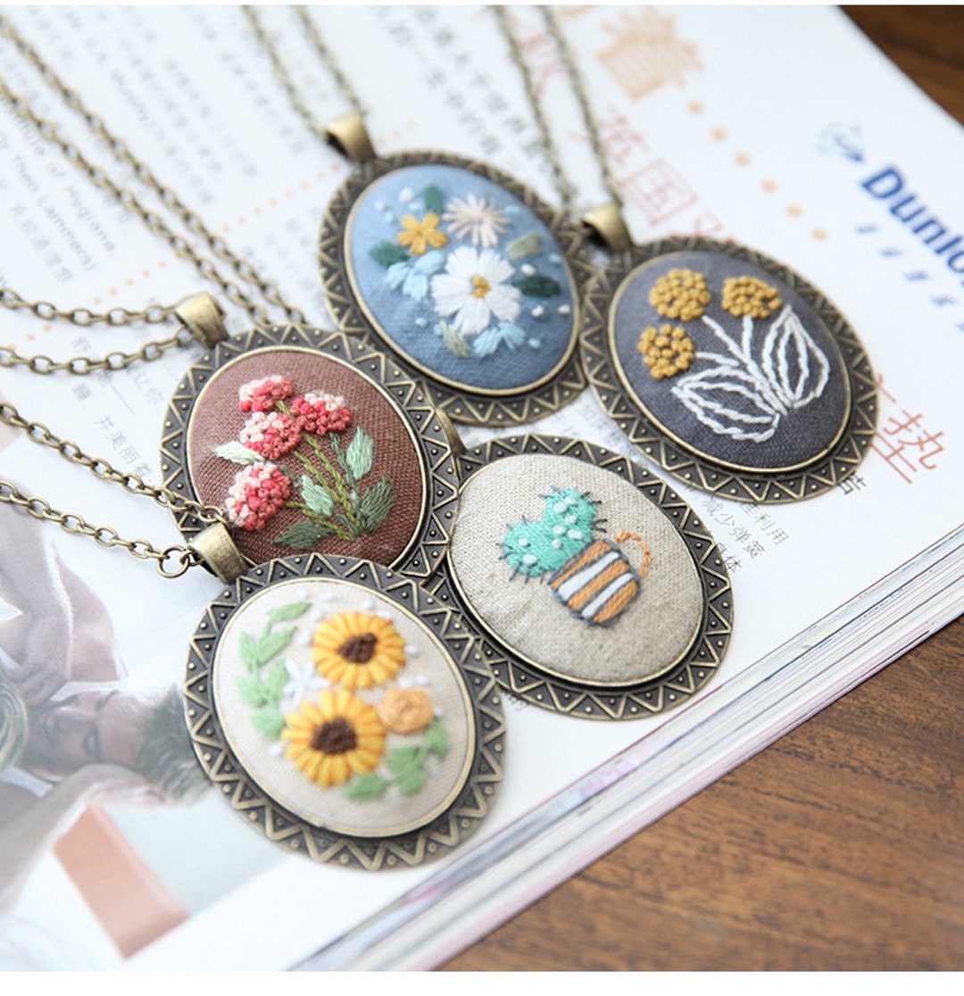 Embroidery Kit Embroidered Pendants Necklace Floral - Etsy