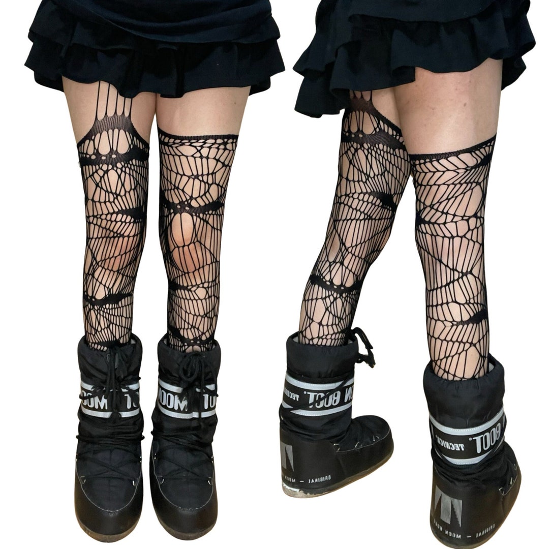 Black Distressed Bat Suspender Fishnet Tights - Etsy UK