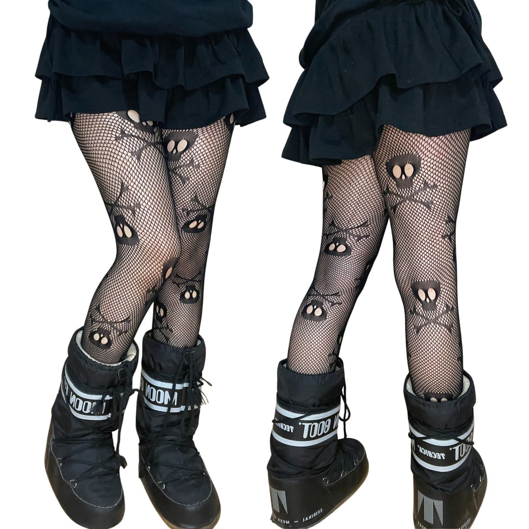 Black Skull & Bones Patterned Fishnet Tights - Etsy