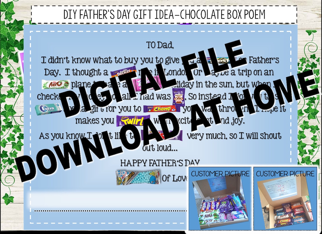 DIY *DAD* Father's Day Chocolate Box Card | Digital Download Gift ...