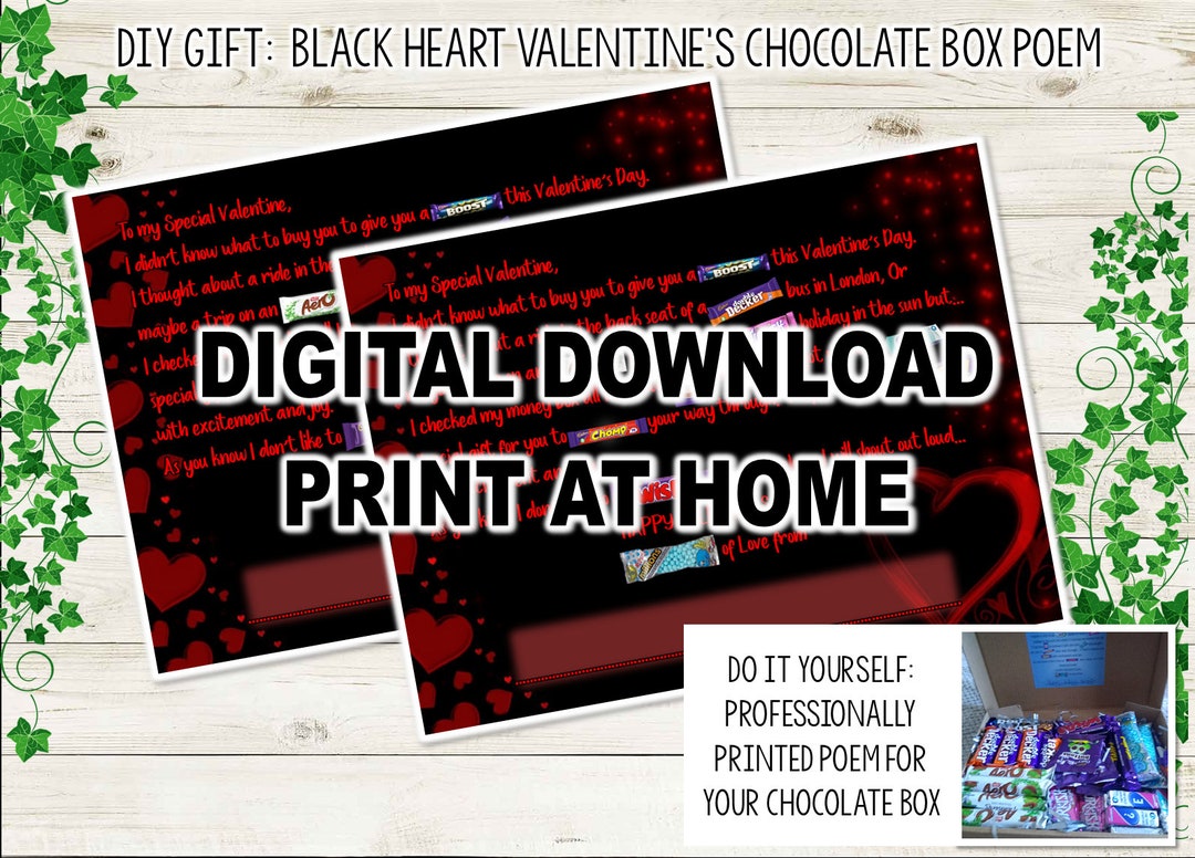 DIY Valentines Chocolate Box Poem: Black Heart Gift Card (digital ...