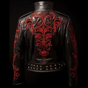 Gothic Dragon Leather Jacket: Red Embroidery Steampunk Military Style ...
