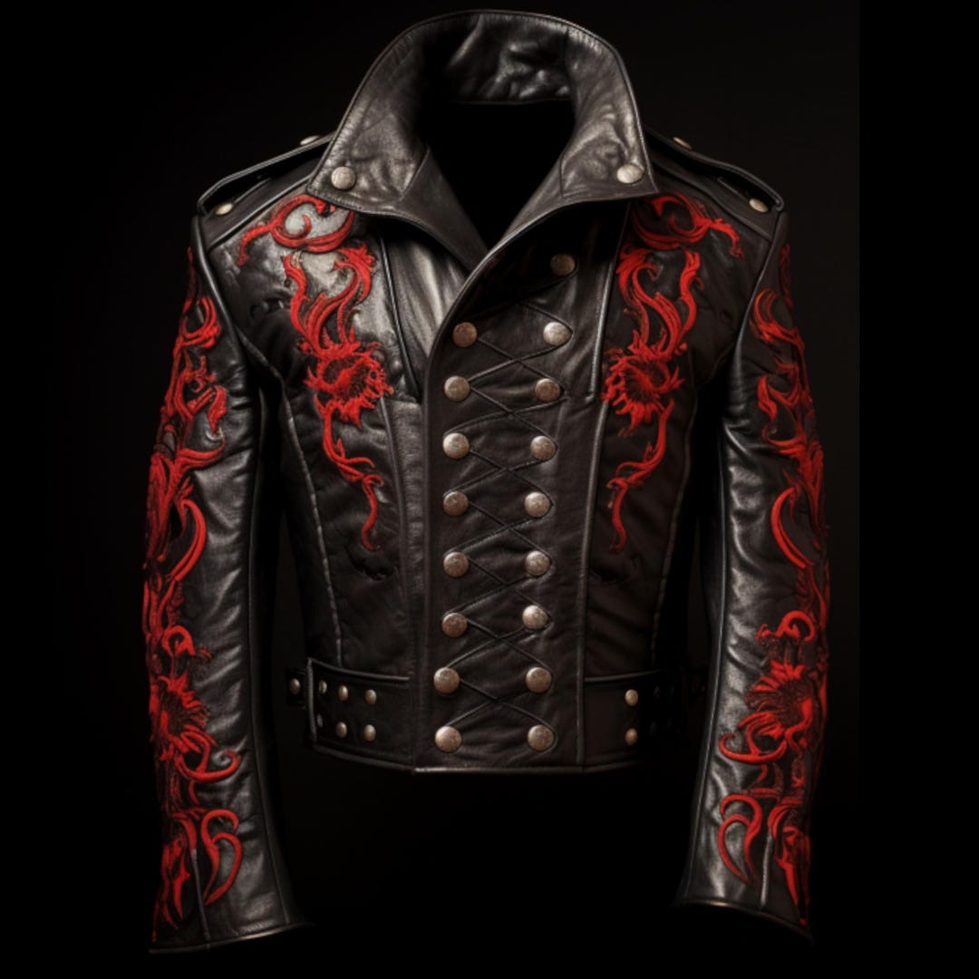 Gothic Dragon Leather Jacket: Red Embroidery Steampunk Military Style ...