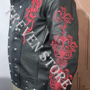 Gothic Dragon Leather Jacket: Red Embroidery Steampunk Military Style ...