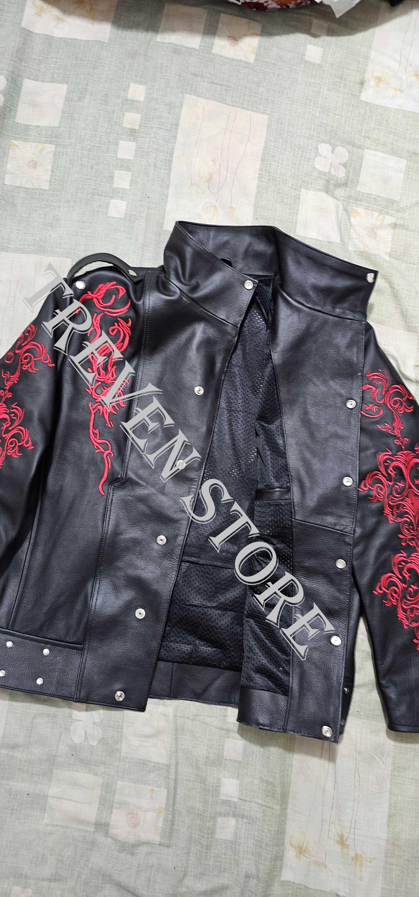 Gothic Dragon Leather Jacket: Red Embroidery Steampunk Military Style ...