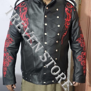 Gothic Dragon Leather Jacket: Red Embroidery Steampunk Military Style ...