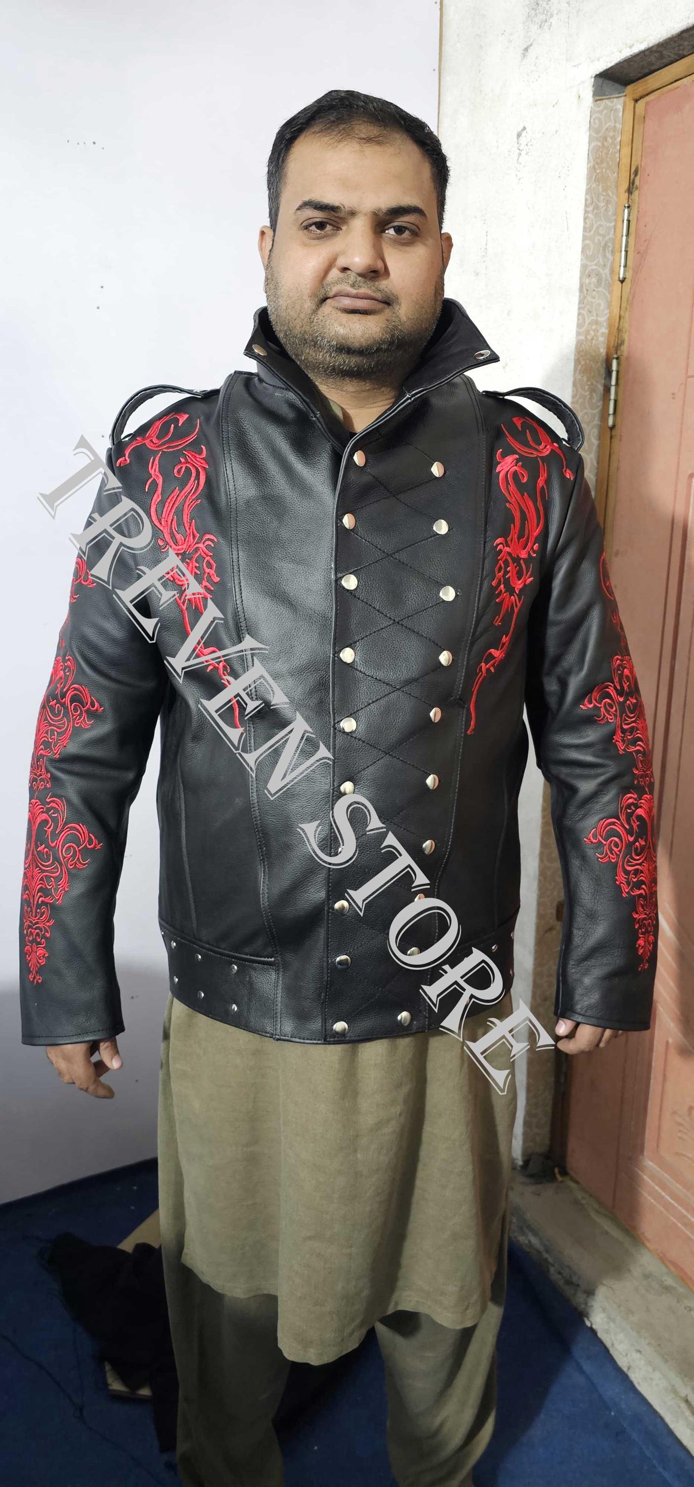 Gothic Dragon Leather Jacket: Red Embroidery Steampunk Military Style ...
