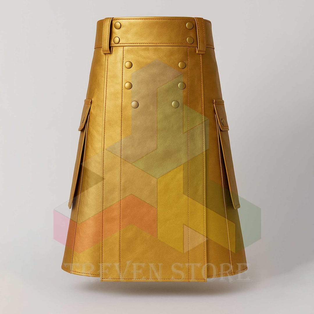 Men's Gold Leather Kilt Utility Kilt With Pockets Custom Handmade ...