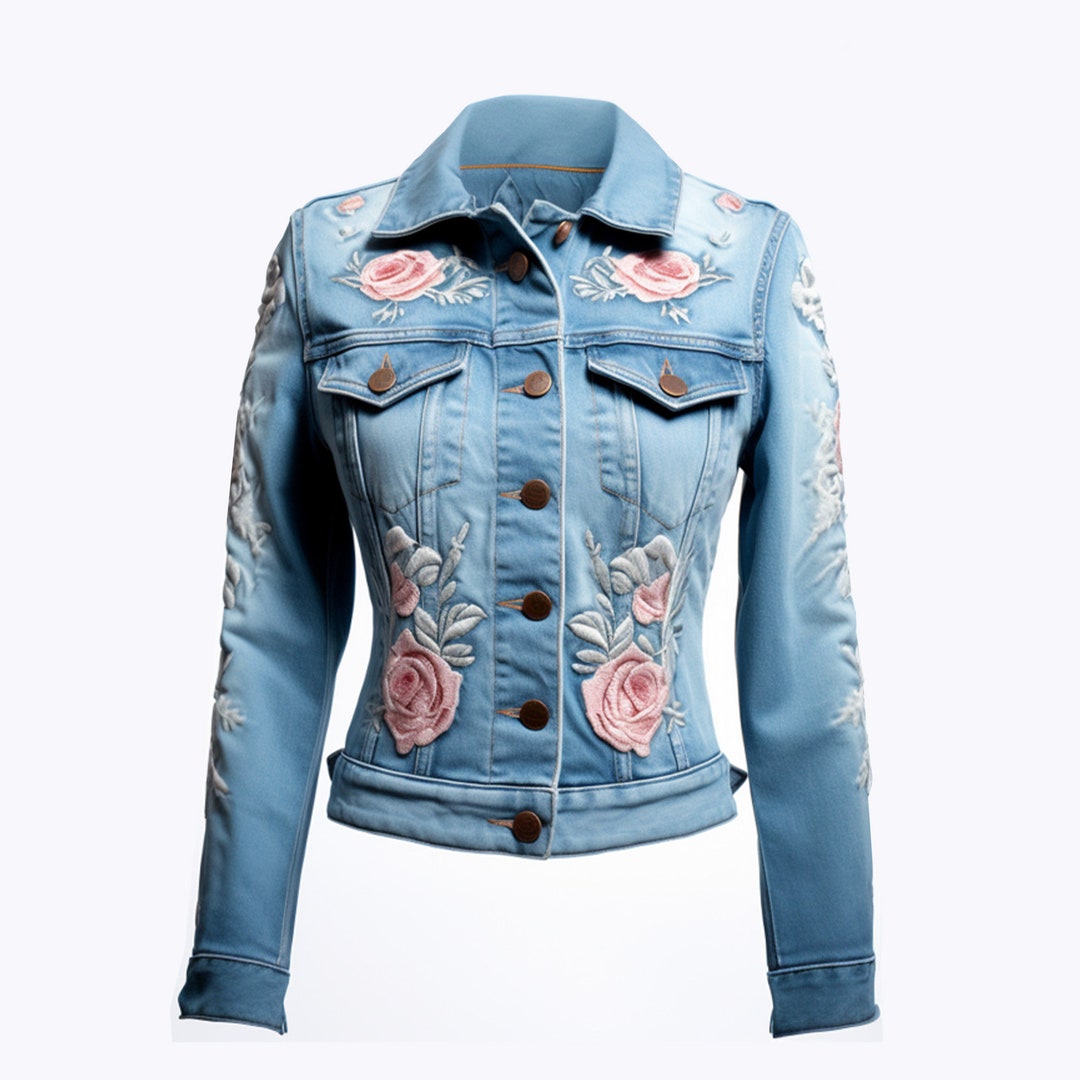 Blooming Pink Rose Embroidered Denim Trucker Jacket for Men and Women ...