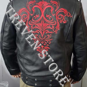 Gothic Dragon Leather Jacket: Red Embroidery Steampunk Military Style ...