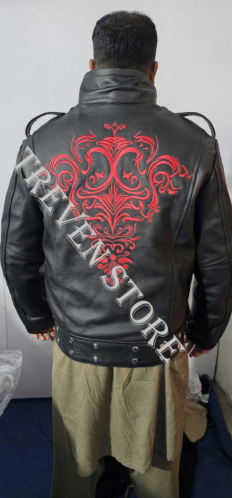 Gothic Dragon Leather Jacket: Red Embroidery Steampunk Military Style ...
