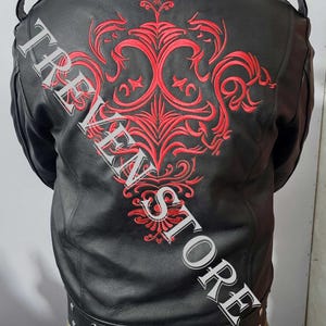 Gothic Dragon Leather Jacket: Red Embroidery Steampunk Military Style ...