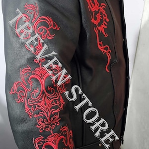 Gothic Dragon Leather Jacket: Red Embroidery Steampunk Military Style ...