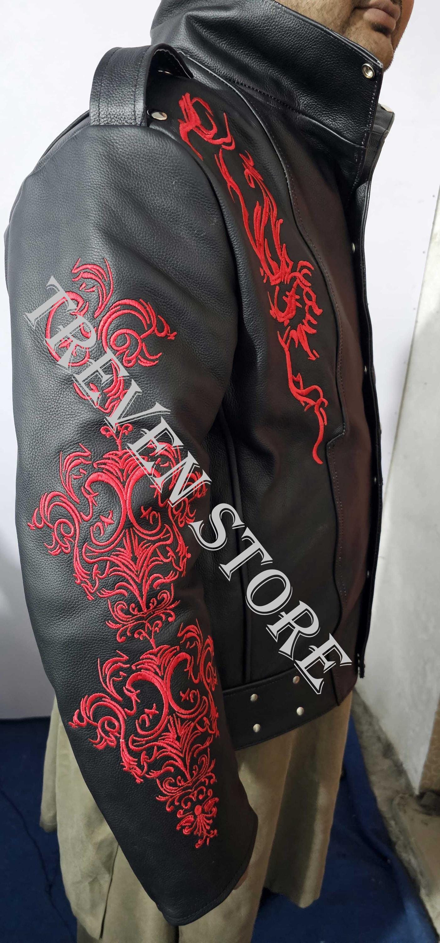 Gothic Dragon Leather Jacket: Red Embroidery Steampunk Military Style ...