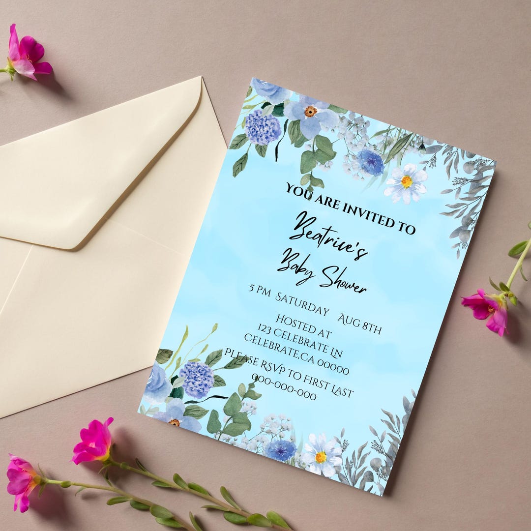 Blue Floral Invite | Invitation Template | Blue Invitation | Bridal ...