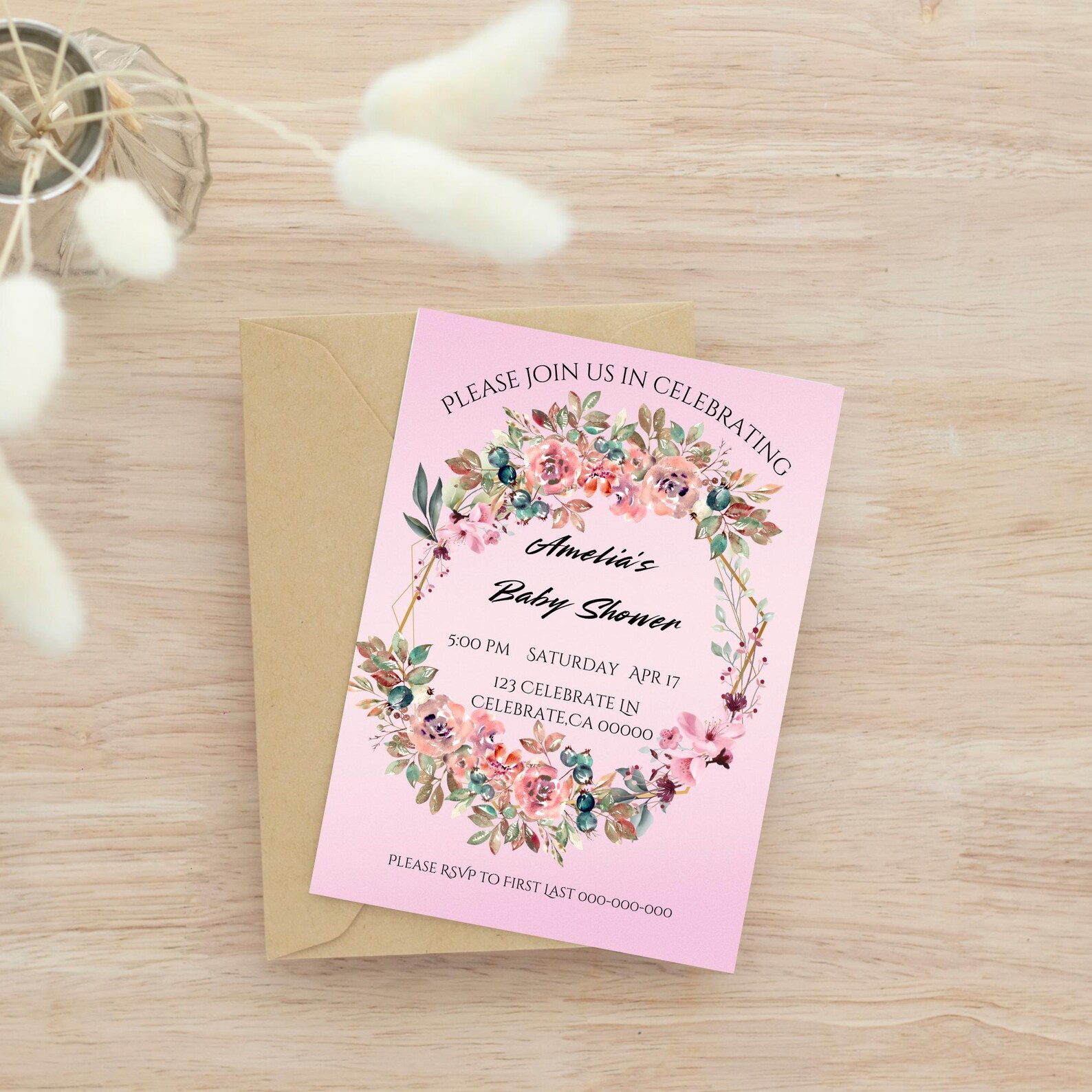 Pink Floral Invite | Invite Template | Custom Invitation | Pink Invite ...