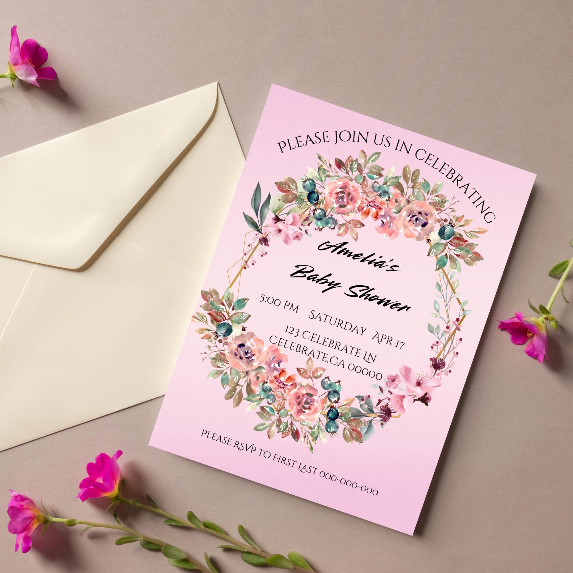 Pink Floral Invite | Invite Template | Custom Invitation | Pink Invite ...