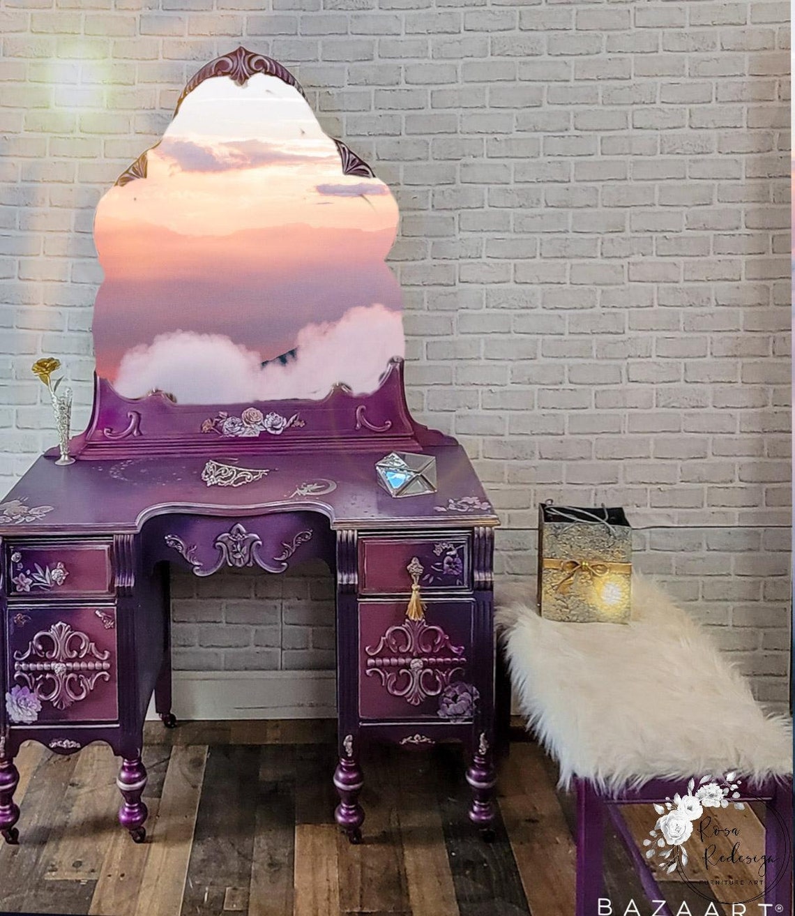 Sold-painted Vintage Vanity With Mirror and Stool Purple - Etsy