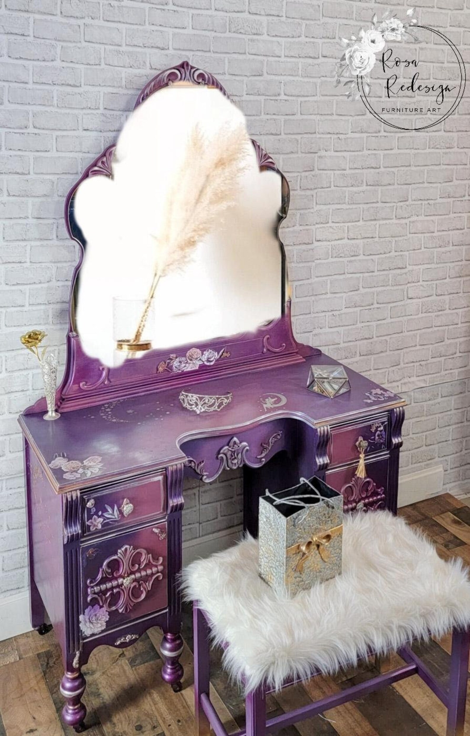 Sold-painted Vintage Vanity With Mirror and Stool, Purple Vanity Table ...