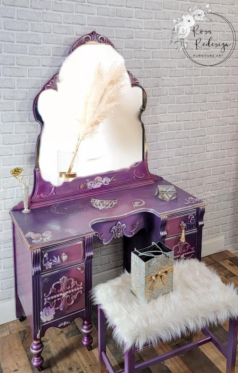 Sold-painted Vintage Vanity With Mirror and Stool, Purple Vanity Table ...